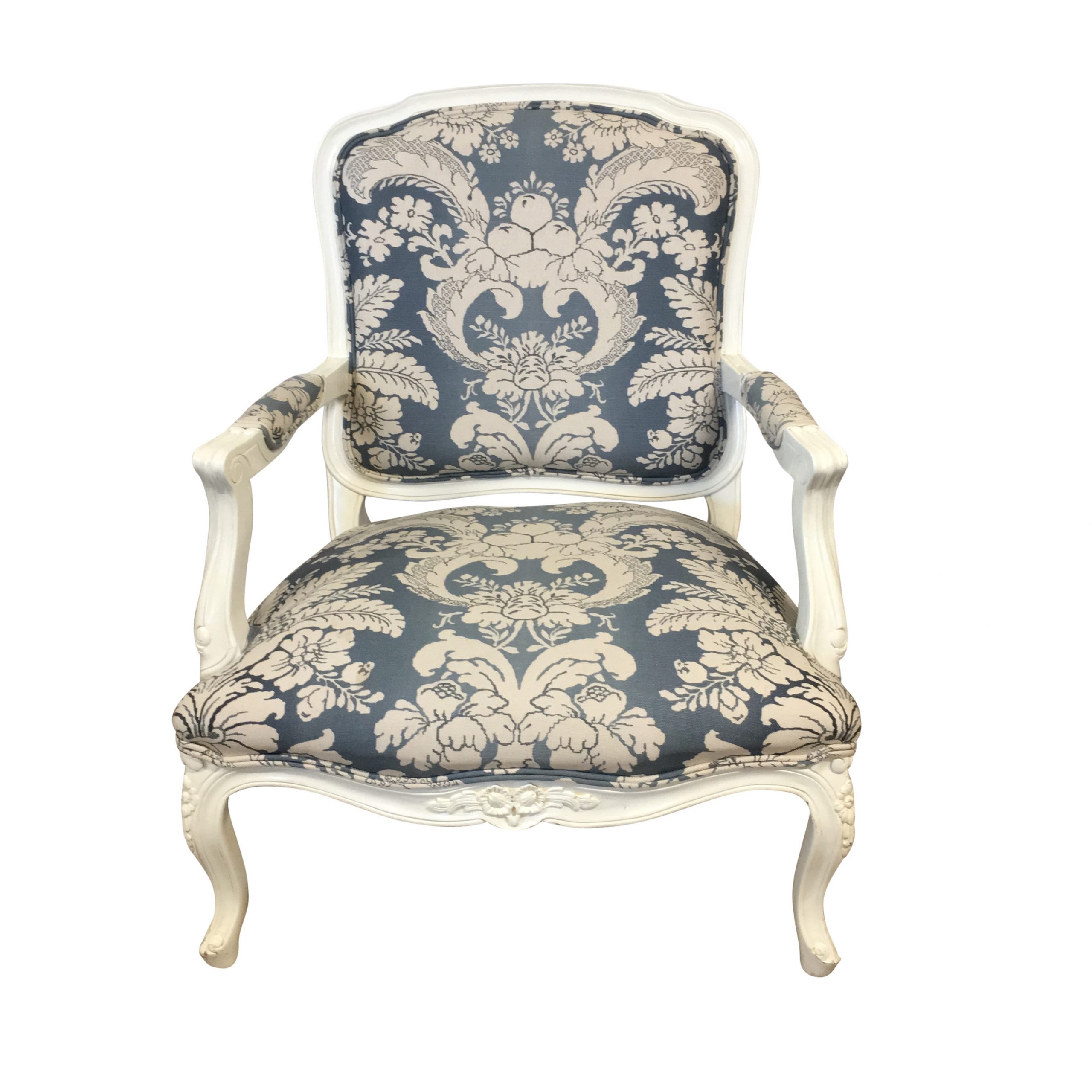 Berger Chair – White Painted Finish with Blue Damask Fabric – Manor ...